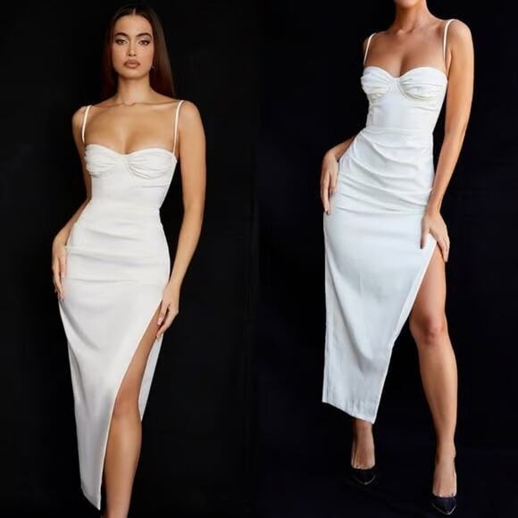 House of CB | Dresses | House Of Cb Flora Ivory Satin Corset Slit Maxi ...